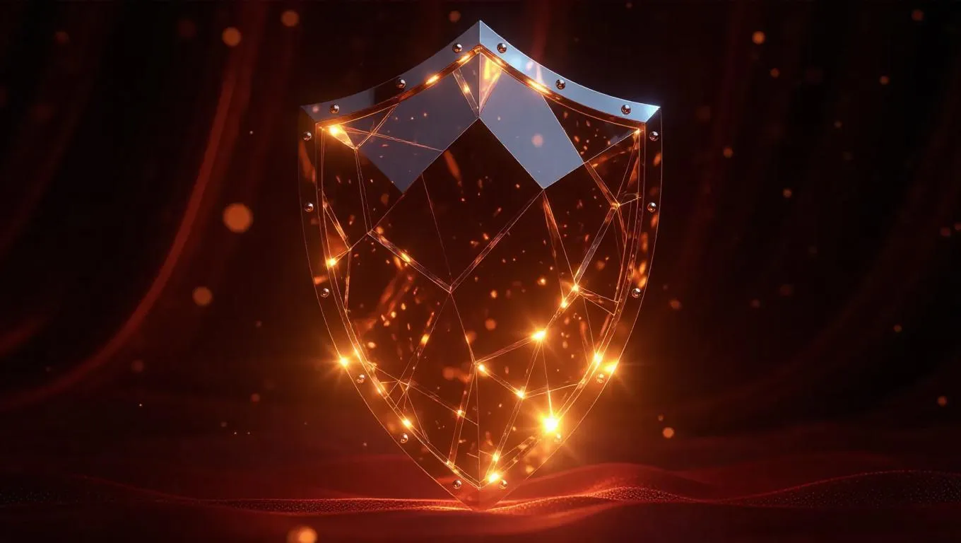 A shield forged from overlapping crystal shards, each shard clear and ...