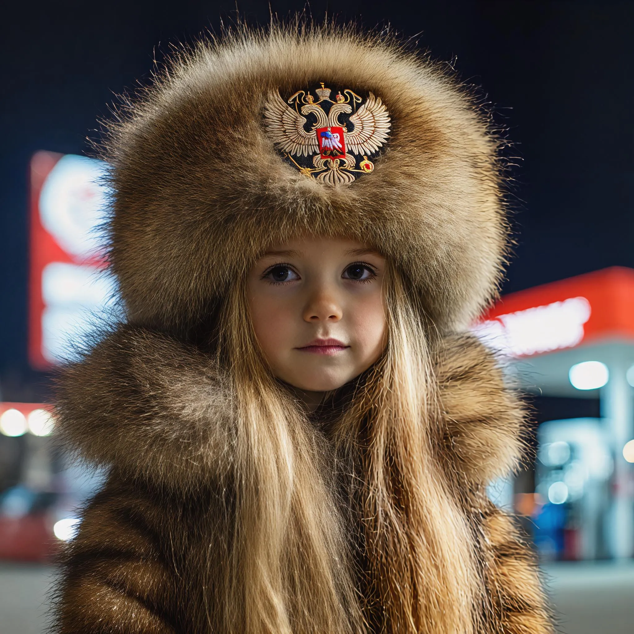 AI-Generated Fluffy Russian Ushanka & Squirrel Fur Coat at Night Gas ...
