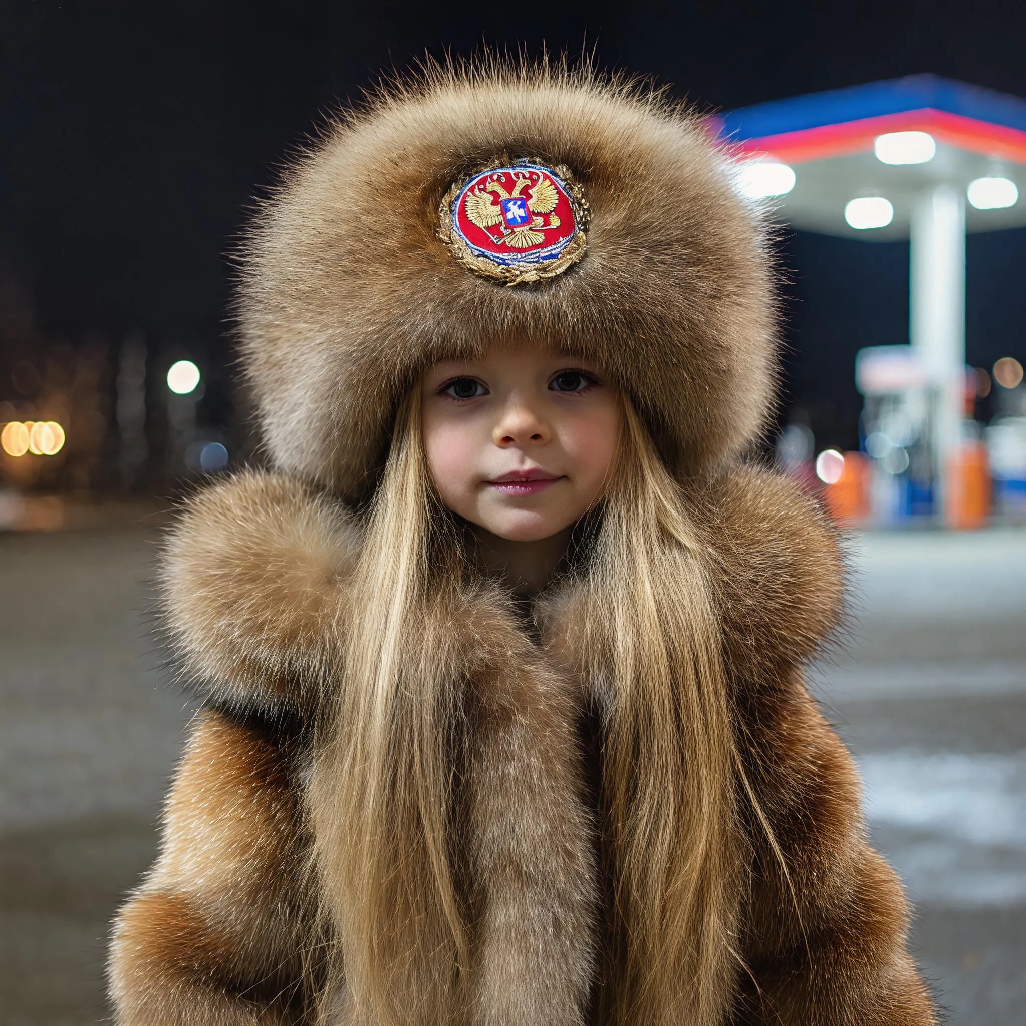 AI-Generated Fluffy Russian Ushanka & Squirrel Fur Coat at Night Gas ...