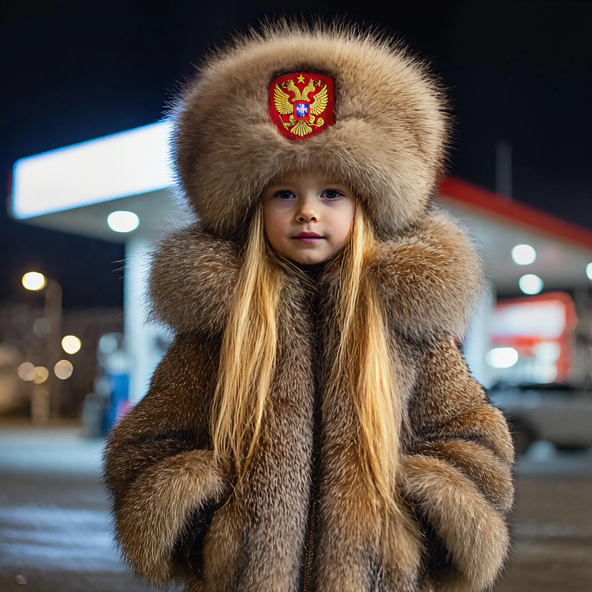 AI-Generated Fluffy Russian Ushanka & Squirrel Fur Coat at Night Gas ...