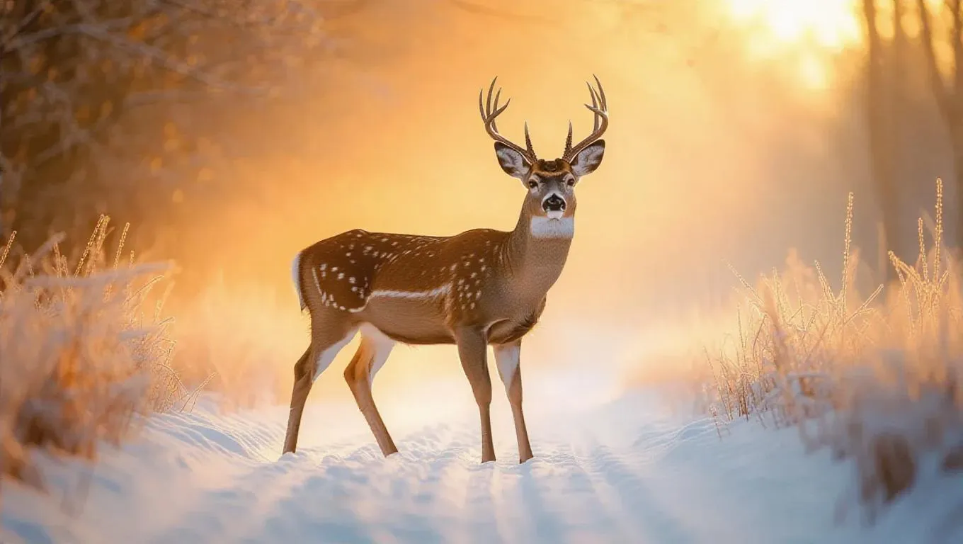 A majestic deer pacing calmly on a tranquil path made of soft snow ...