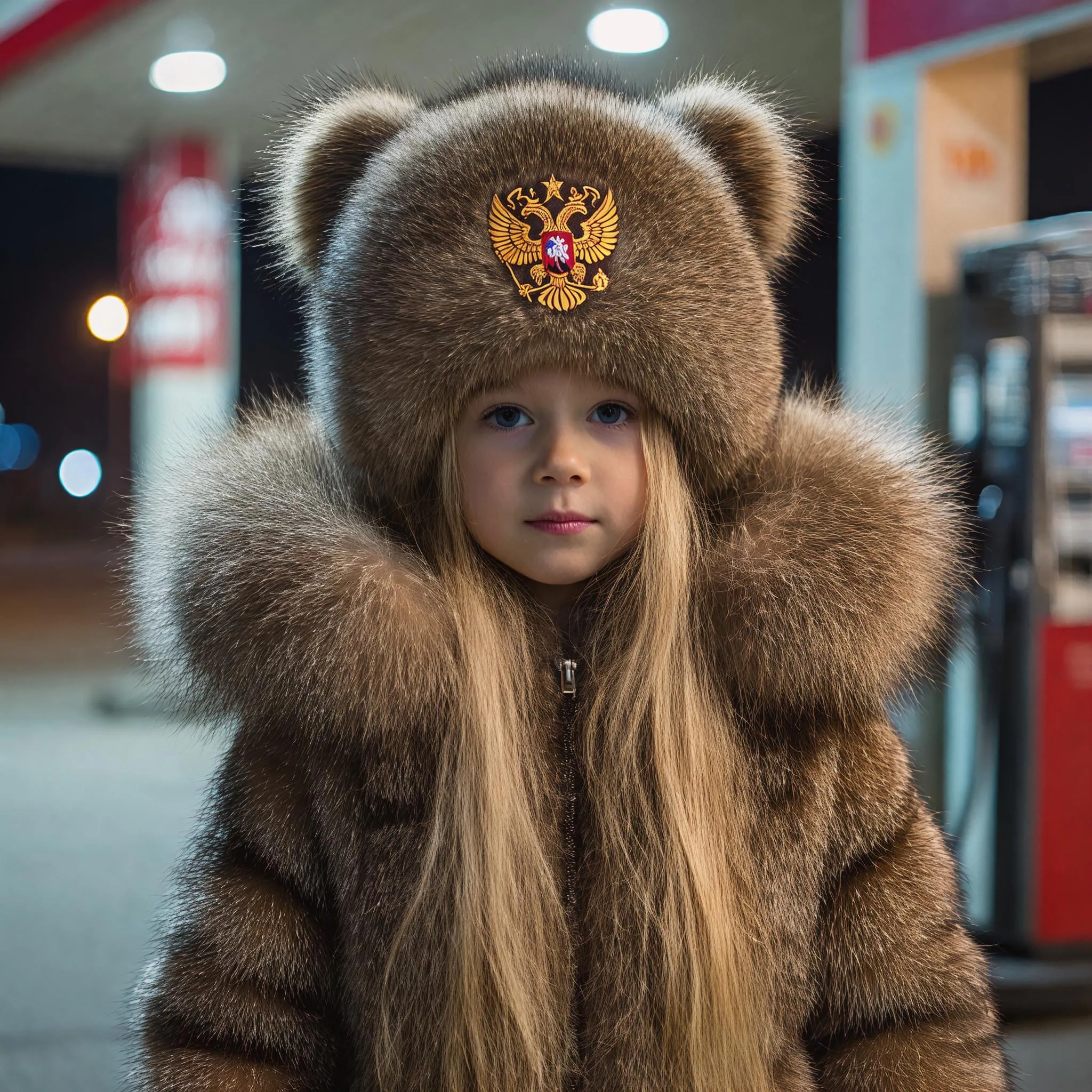 AI-Generated Fluffy Russian Ushanka & Squirrel Fur Coat at Night Gas ...