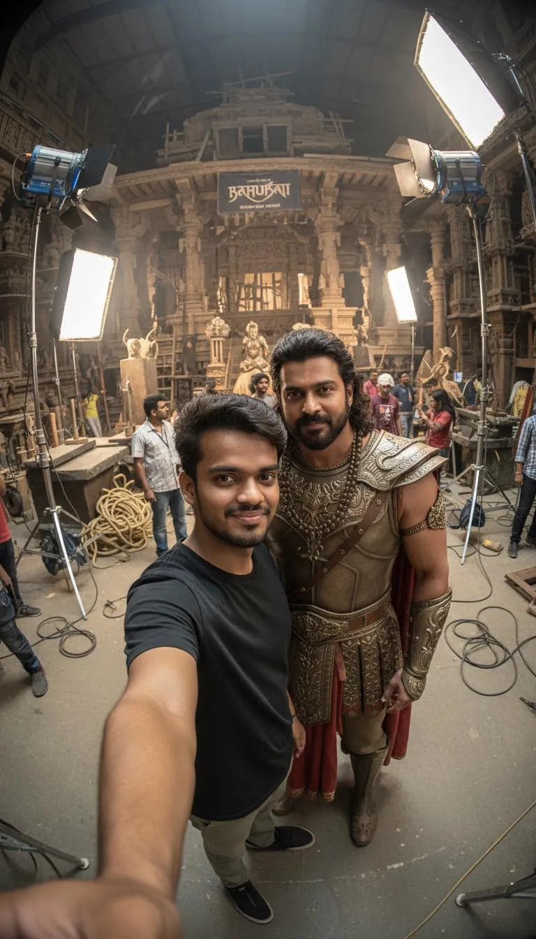 AI-Generated Ultra-Wide Selfie Prabhas Bahubali Backstage Images | vivago.ai