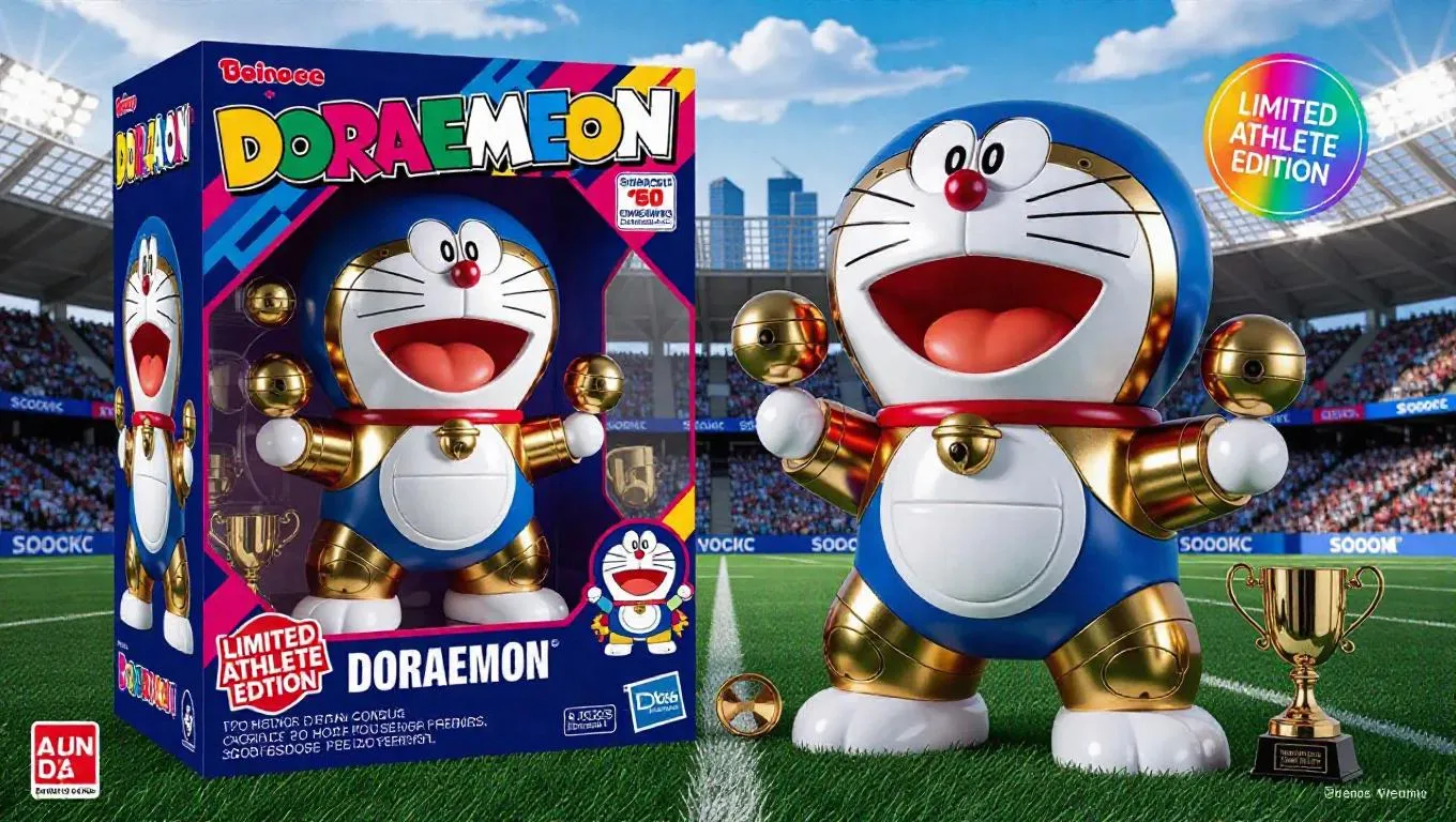 An anime-inspired collectible action figure of Doraemon in a sports ...