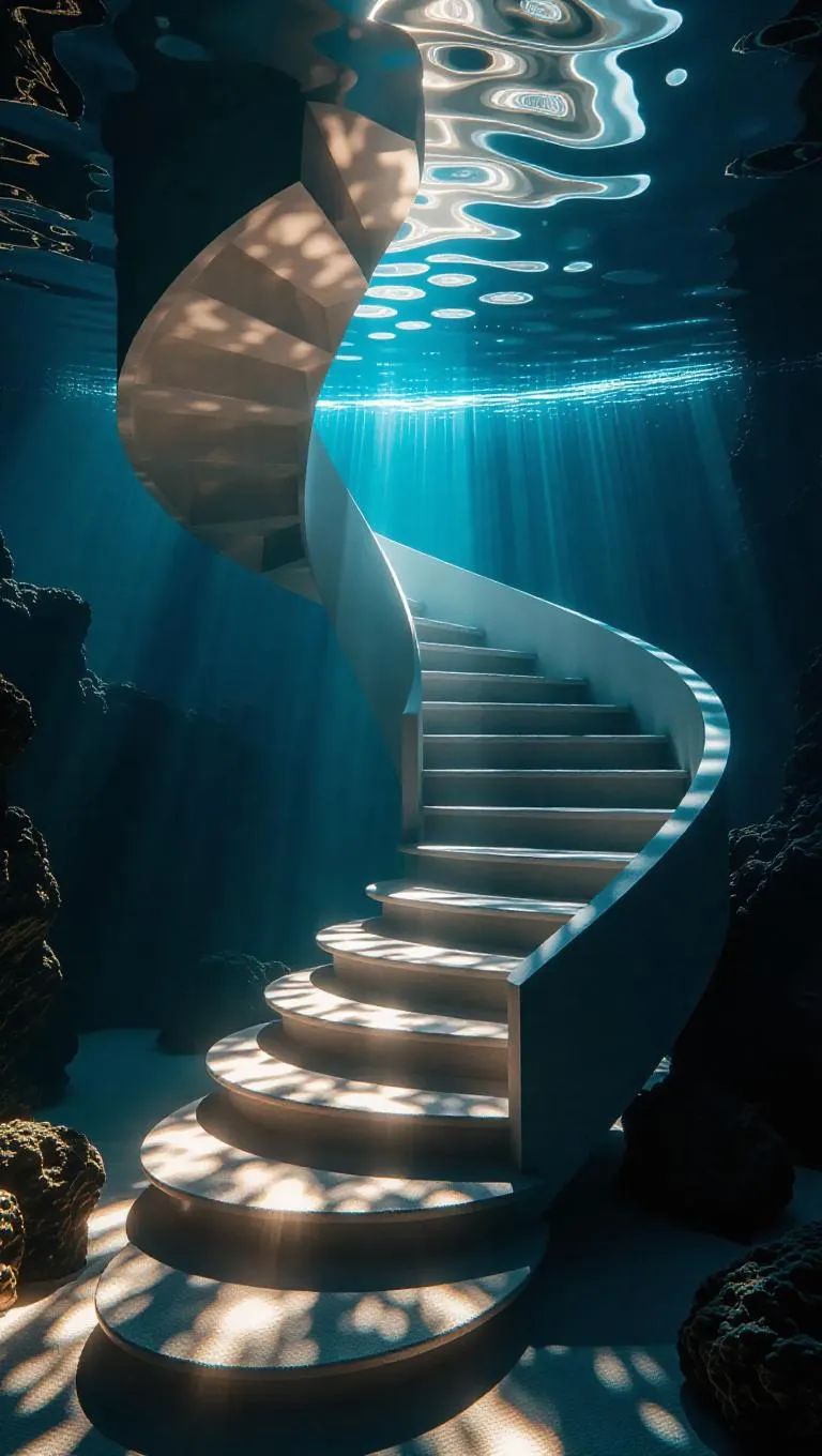 A surreal underwater staircase spiraling upward, softened by warm light ...